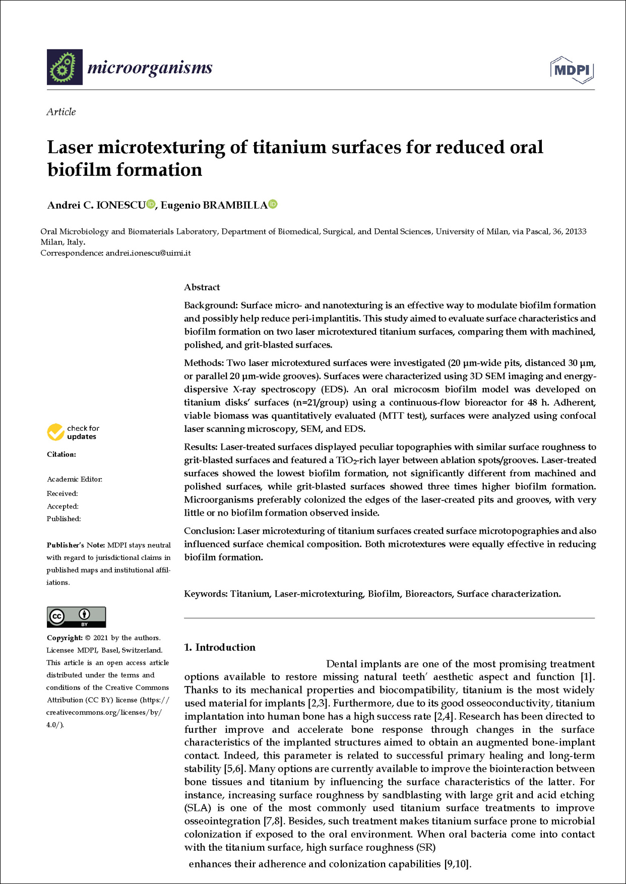 Laser Microtexturing of Titanium Implant Surfaces for Reduced Oral ...